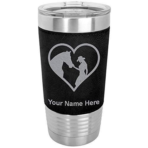 LaserGram 20oz Vacuum Insulated Tumbler Mug, Horse Cowgirl Heart, Personalized Engraving Included (Faux Leather, Black)