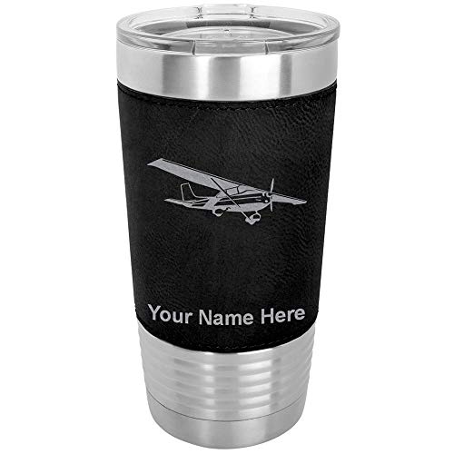 LaserGram 20oz Vacuum Insulated Tumbler Mug, High Wing Airplane, Personalized Engraving Included (Faux Leather, Black)