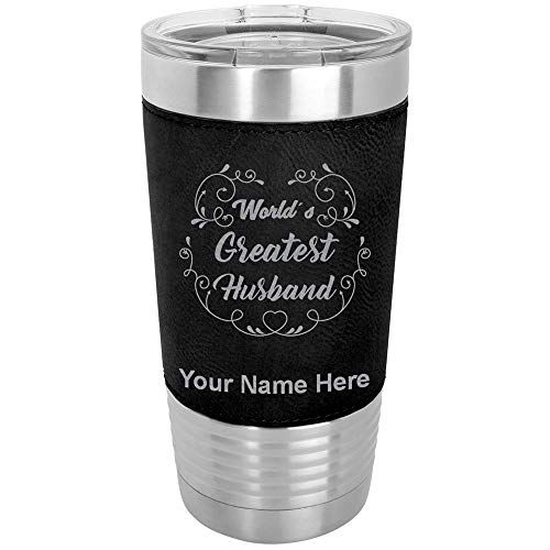 LaserGram 20oz Vacuum Insulated Tumbler Mug, World's Greatest Husband, Personalized Engraving Included (Faux Leather, Black)