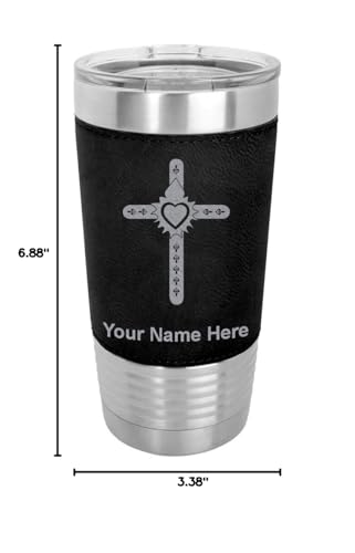 LaserGram 20oz Vacuum Insulated Tumbler Mug, Cross with Heart, Personalized Engraving Included (Faux Leather, Black)