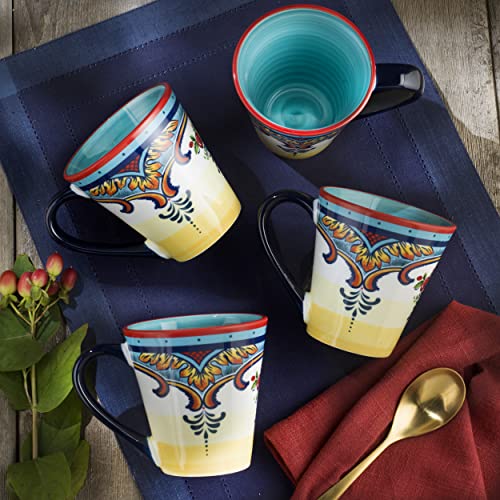 Euro Ceramica Zanzibar Collection Vibrant Coffee/Tea Mug Set, 4 Piece, Spanish Floral Design, Multicolor