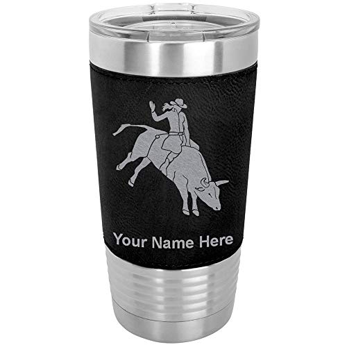 LaserGram 20oz Vacuum Insulated Tumbler Mug, Bull Rider Cowgirl, Personalized Engraving Included (Faux Leather, Black)