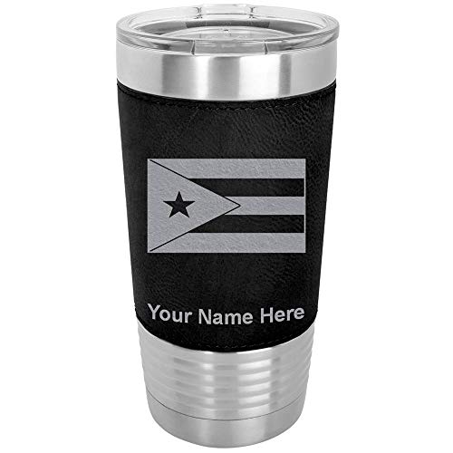 LaserGram 20oz Vacuum Insulated Tumbler Mug, Flag of Puerto Rico, Personalized Engraving Included (Faux Leather, Black)