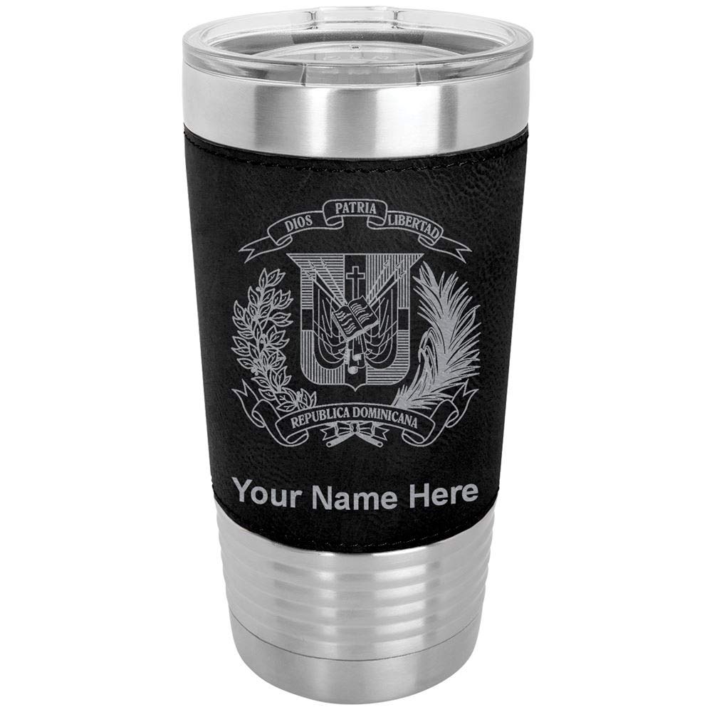 LaserGram 20oz Vacuum Insulated Tumbler Mug, Coat of Arms Dominican Republic, Personalized Engraving Included (Faux Leather, Black)