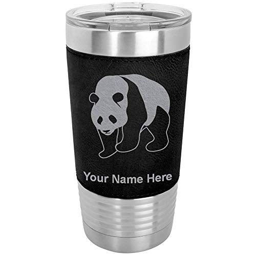 LaserGram 20oz Vacuum Insulated Tumbler Mug, Panda Bear, Personalized Engraving Included (Faux Leather, Black)