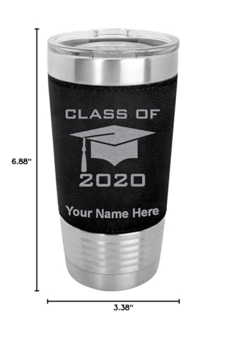 LaserGram 20oz Vacuum Insulated Tumbler Mug, Grad Cap Class of 2023, 2024, 2025, 2026, 2027, Personalized Engraving Included (Faux Leather, Black)