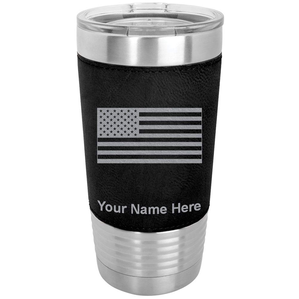 LaserGram 20oz Vacuum Insulated Tumbler Mug, Flag of the United States, Personalized Engraving Included (Faux Leather, Black)