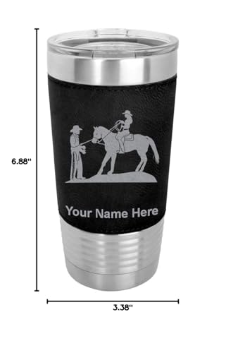 LaserGram 20oz Vacuum Insulated Tumbler Mug, Cowgirl Roping a Man, Personalized Engraving Included (Faux Leather, Black)