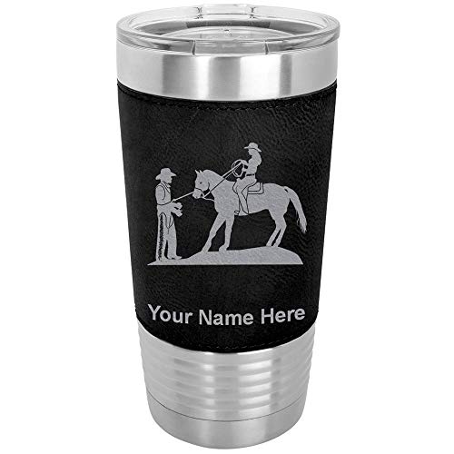 LaserGram 20oz Vacuum Insulated Tumbler Mug, Cowgirl Roping a Man, Personalized Engraving Included (Faux Leather, Black)