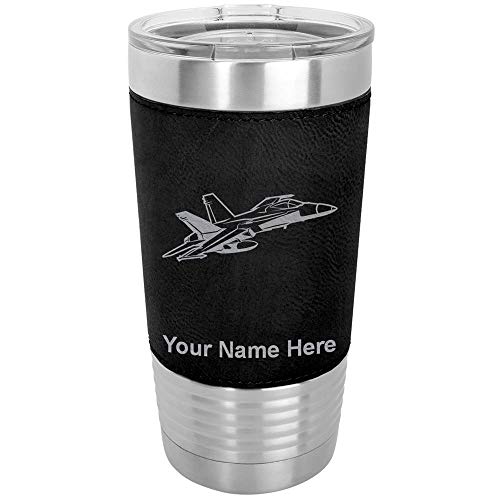 LaserGram 20oz Vacuum Insulated Tumbler Mug, Fighter Jet 2, Personalized Engraving Included (Faux Leather, Black)