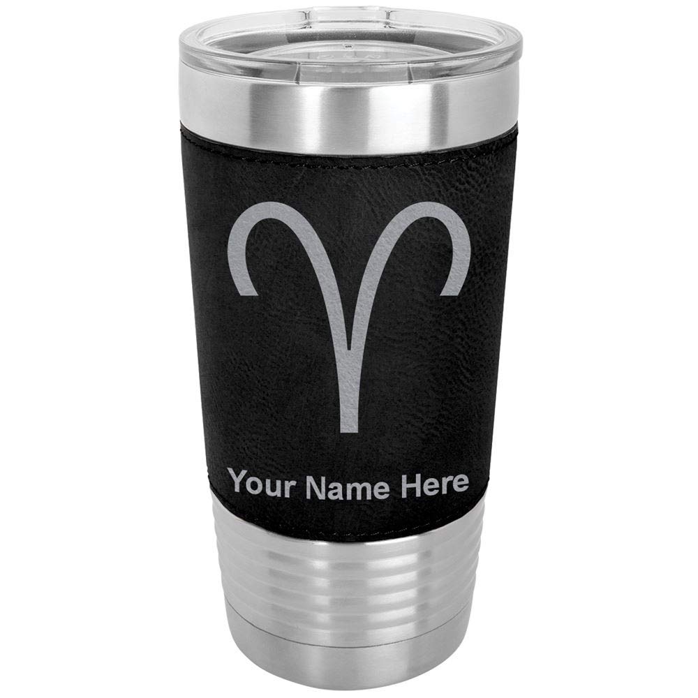LaserGram 20oz Vacuum Insulated Tumbler Mug, Zodiac Sign Aries, Personalized Engraving Included (Faux Leather, Black)
