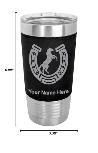 LaserGram 20oz Vacuum Insulated Tumbler Mug, Horseshoe with Horse, Personalized Engraving Included (Faux Leather, Black)