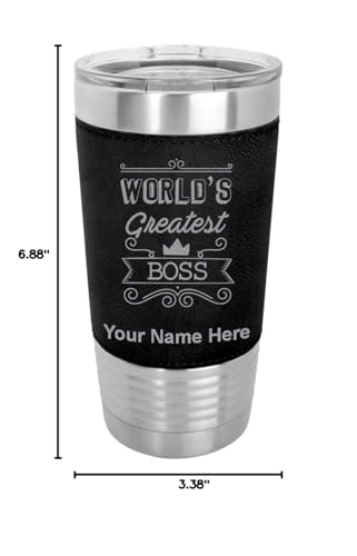 LaserGram 20oz Vacuum Insulated Tumbler Mug, World's Greatest Boss, Personalized Engraving Included (Faux Leather, Black)