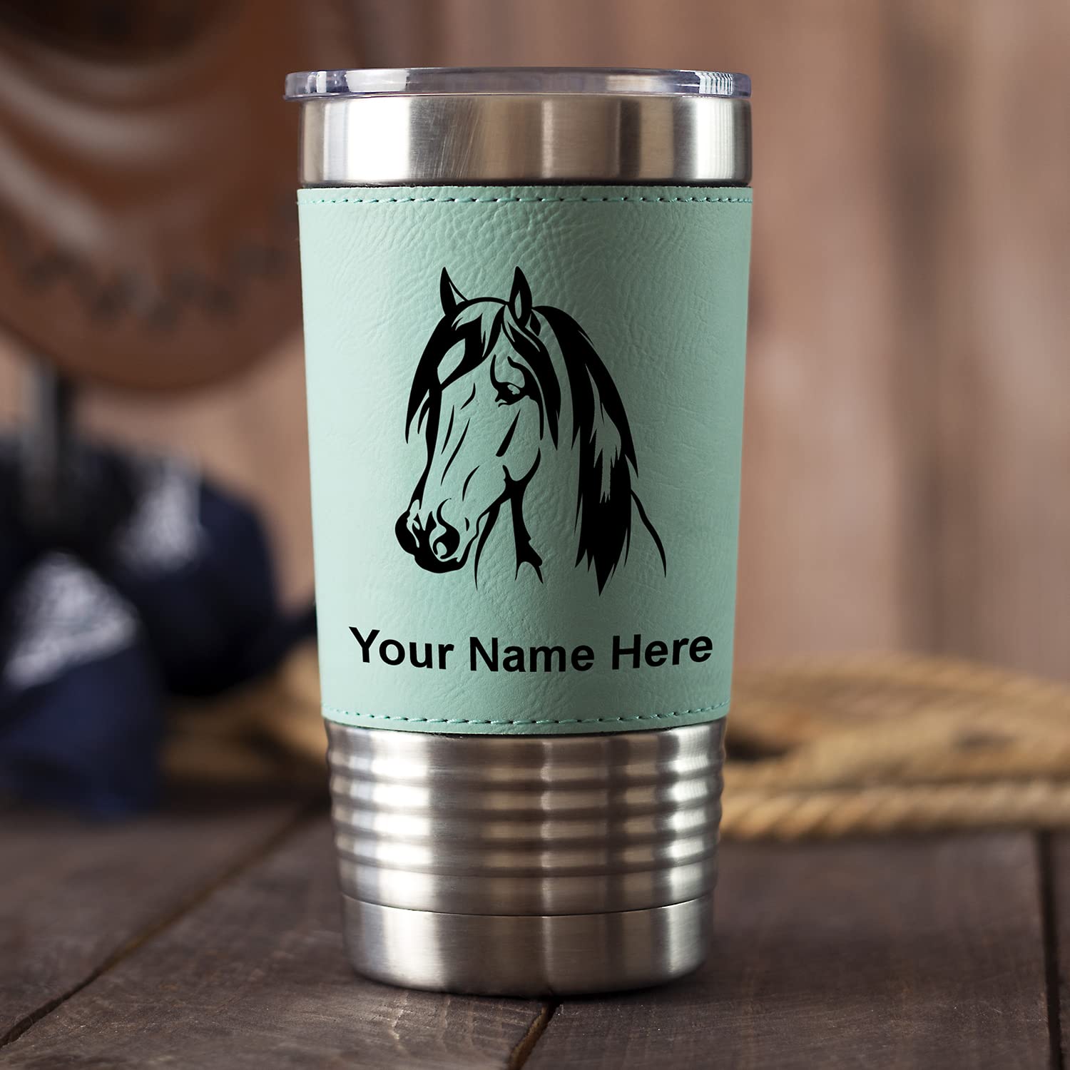 LaserGram 20oz Vacuum Insulated Tumbler Mug, Freight Train, Personalized Engraving Included (Faux Leather, Black)
