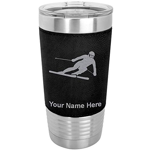 LaserGram 20oz Vacuum Insulated Tumbler Mug, Skier Downhill, Personalized Engraving Included (Faux Leather, Black)