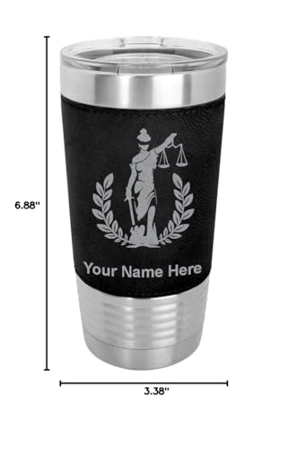 LaserGram 20oz Vacuum Insulated Tumbler Mug, Lady Justice, Personalized Engraving Included (Faux Leather, Black)