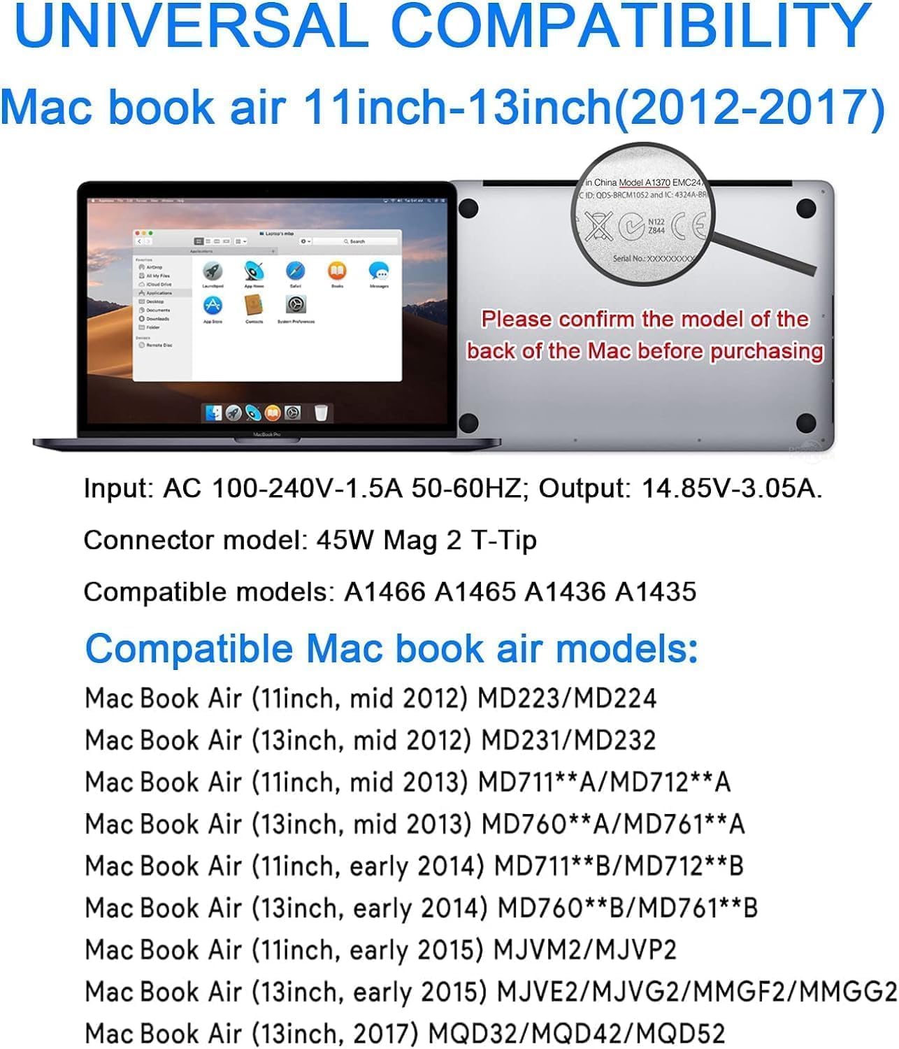 Universal Charger,Replacement for 45W T-Tip Charger,Compatible with Mac Book Air 11 inch & 13 inch Between 2012-2017