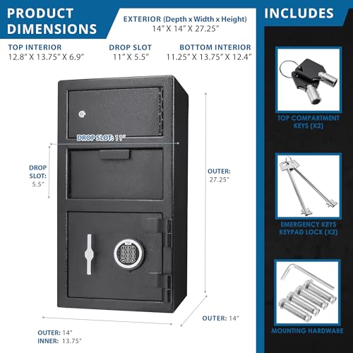 Barska Advanced Digital Keypad Compact Depository Drop Safe with Master Code + 5 Codes & Dual User Mode, Black, 0.72/0.78 Cubic Ft