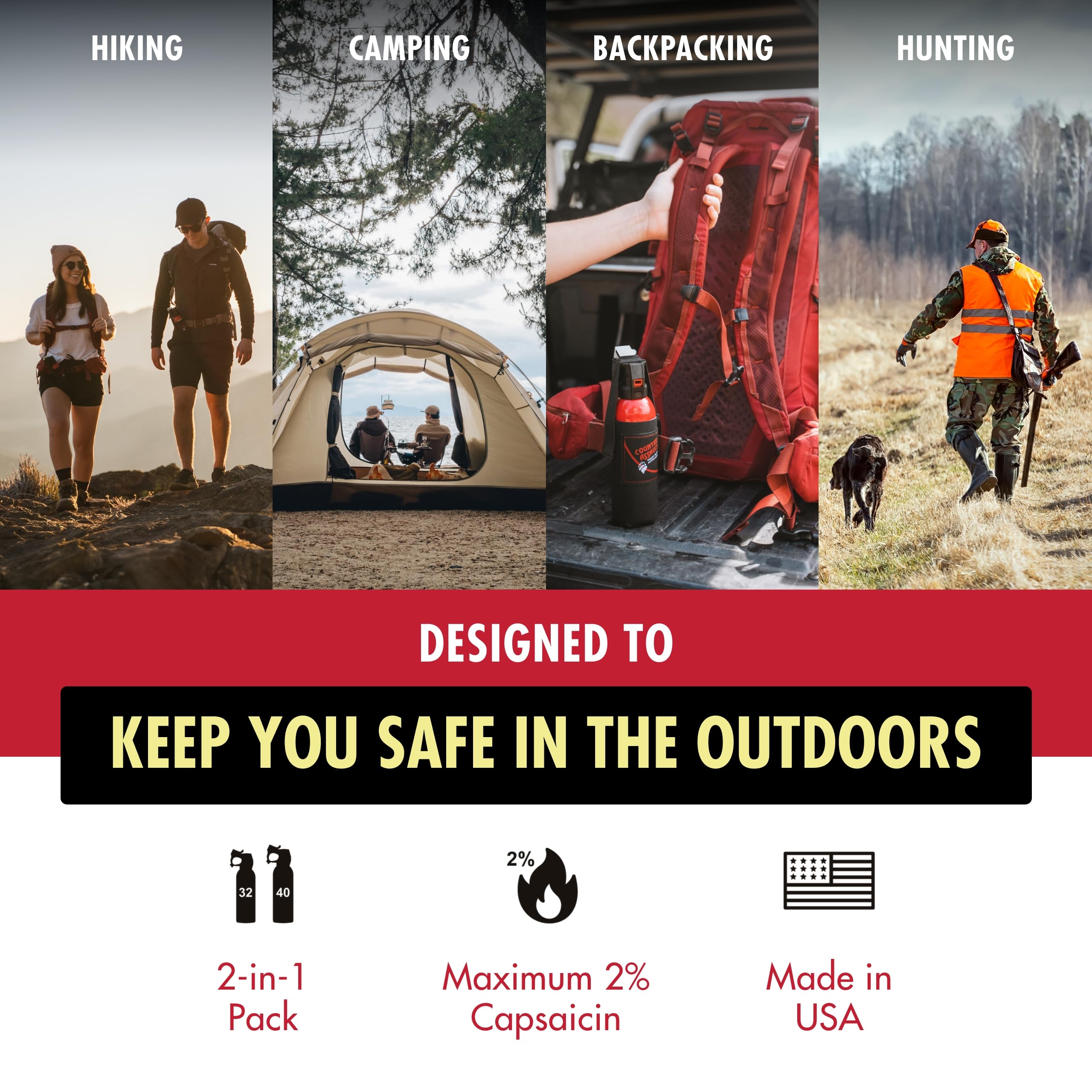 Counter Assault Bear Spray Combo - 2% Capsaicin Bear Deterrent with 2 Holsters - Pepper Spray for Hiking, Camping, Hunting & More - 8.1 oz & 10.2 oz