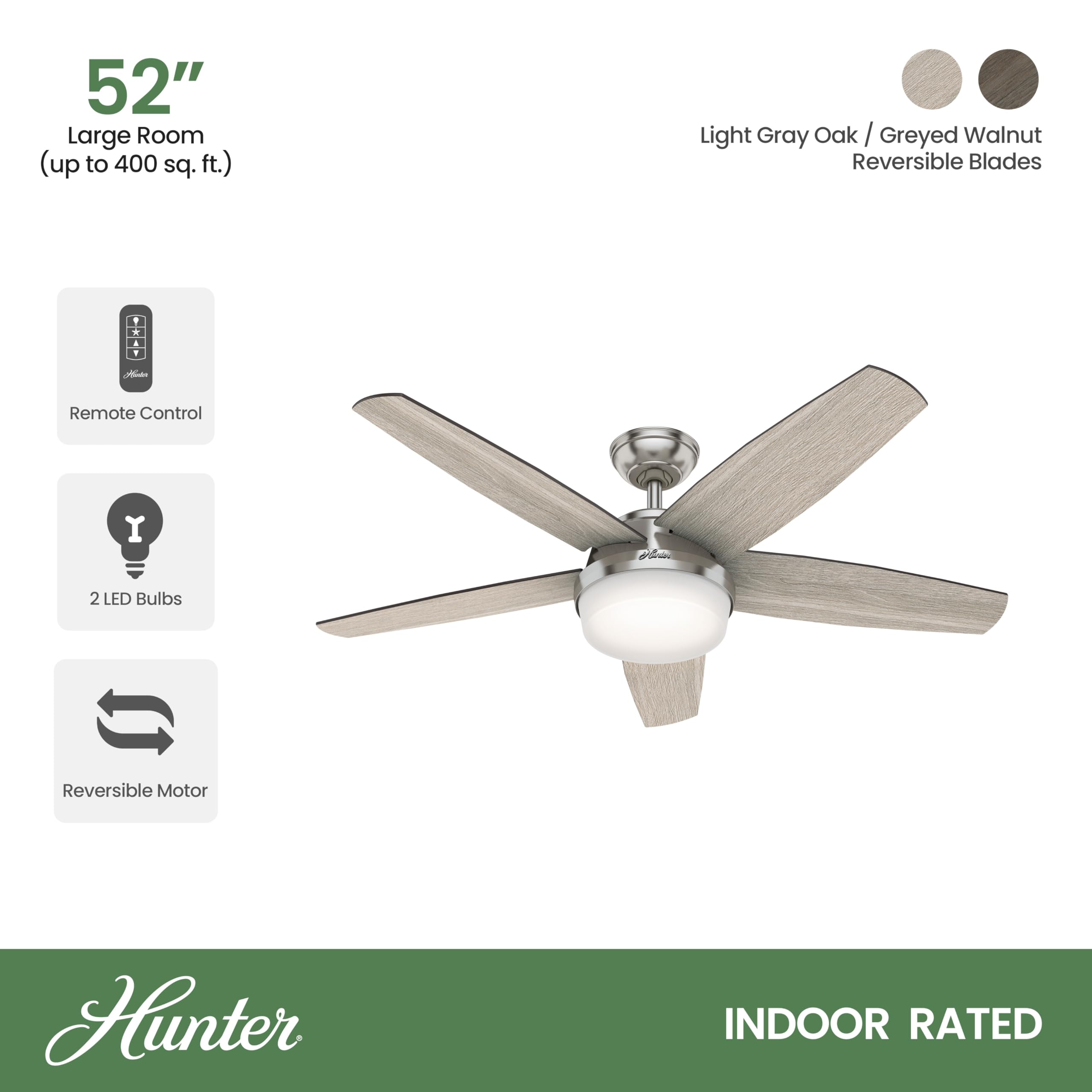Hunter Fan 52 inch Contemporary Brushed Nickel Indoor Ceiling Fan with Light Kit and Remote Control (Renewed)