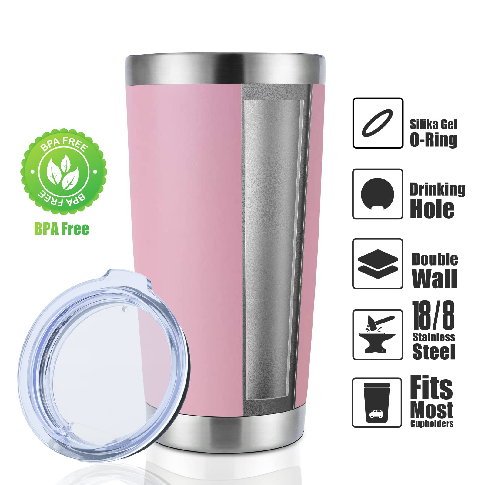 DOMICARE 20oz Stainless Steel Tumbler Bulk with Lid, Double Wall Vacuum Insulated Travel Mug, Powder Coated Coffee Cup, Pink, 1 Pack
