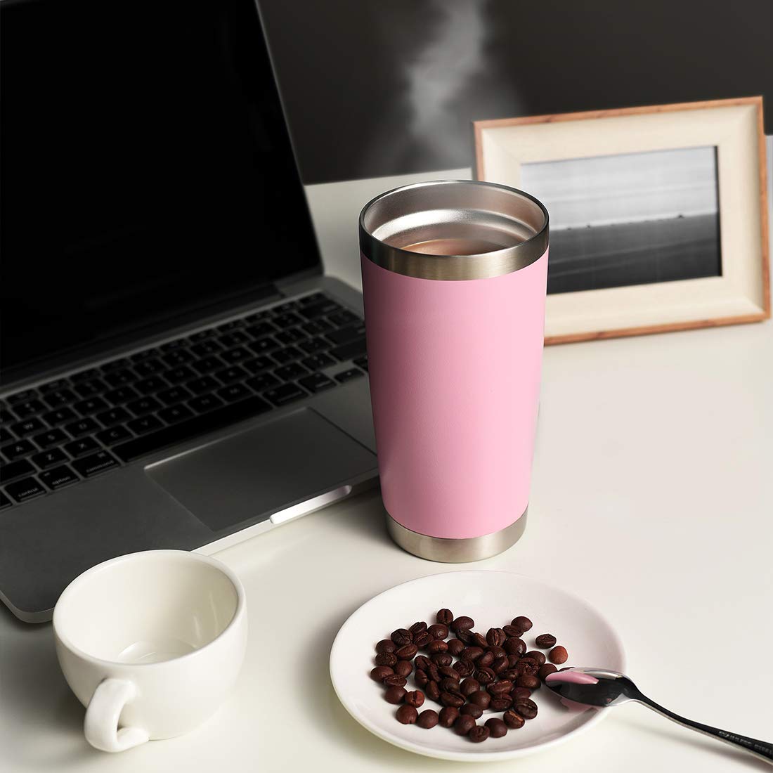 DOMICARE 20oz Stainless Steel Tumbler Bulk with Lid, Double Wall Vacuum Insulated Travel Mug, Powder Coated Coffee Cup, Pink, 1 Pack