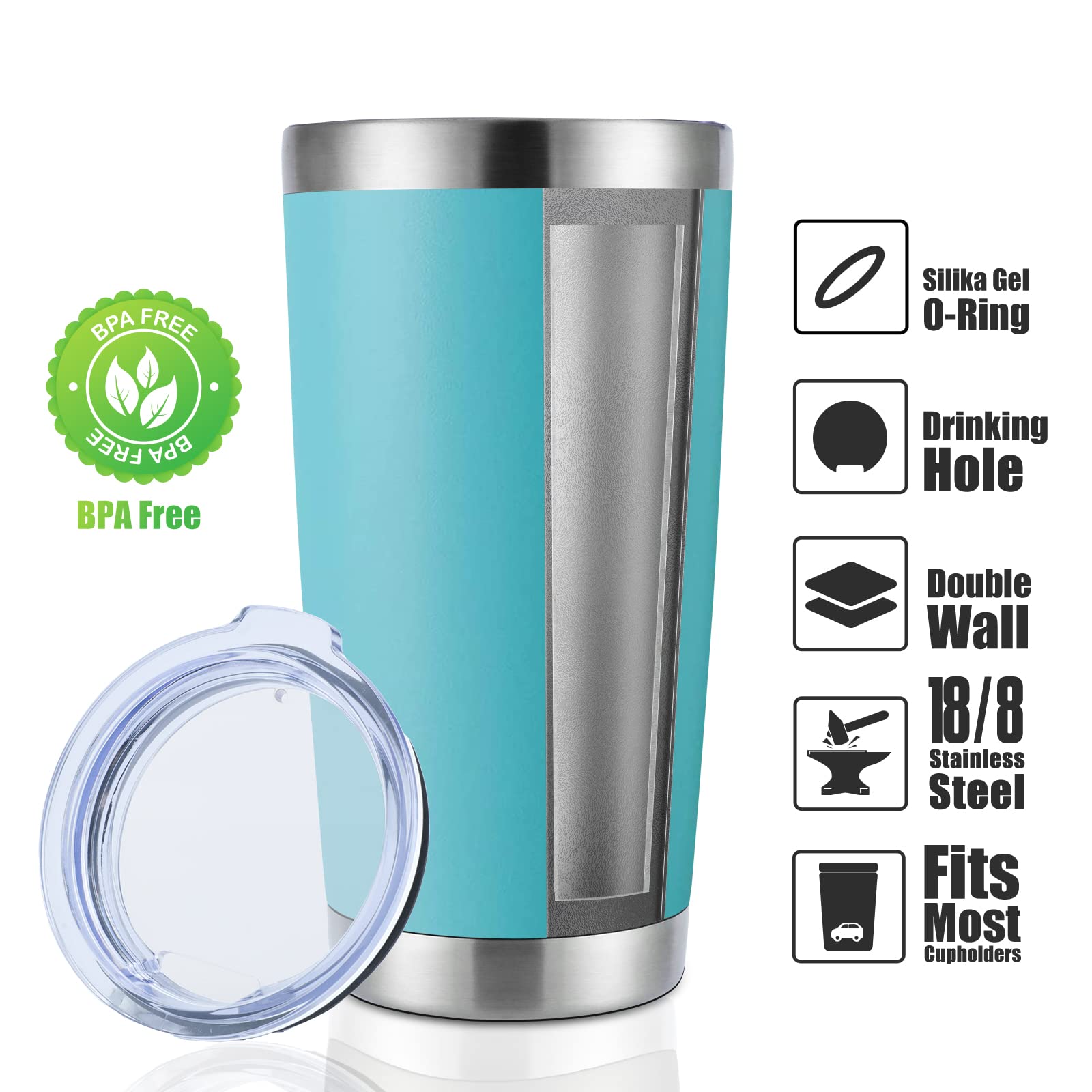 DOMICARE 20oz Stainless Steel Tumbler Bulk with Lid, Double Wall Vacuum Insulated Travel Mug, Powder Coated Coffee Cup, Light Blue, 1 Pack