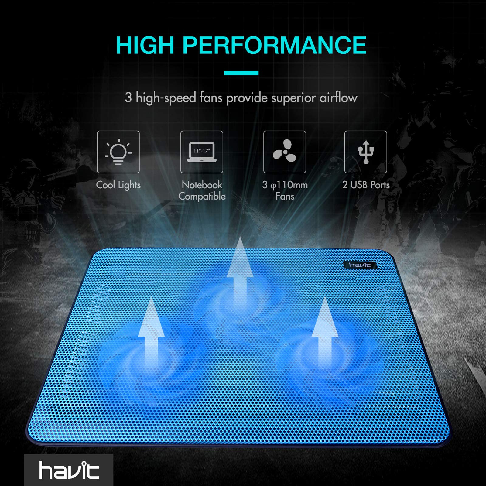 Havit HV-F2056 15.6-17 Inch Laptop Cooler Cooling Pad - Slim Portable USB Powered (3 Fans) (Blue)
