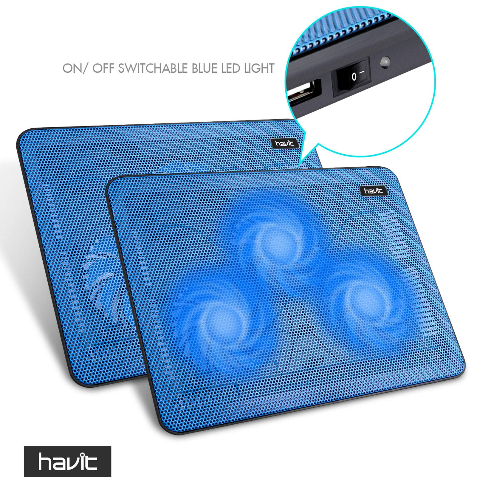 Havit HV-F2056 15.6-17 Inch Laptop Cooler Cooling Pad - Slim Portable USB Powered (3 Fans) (Blue)