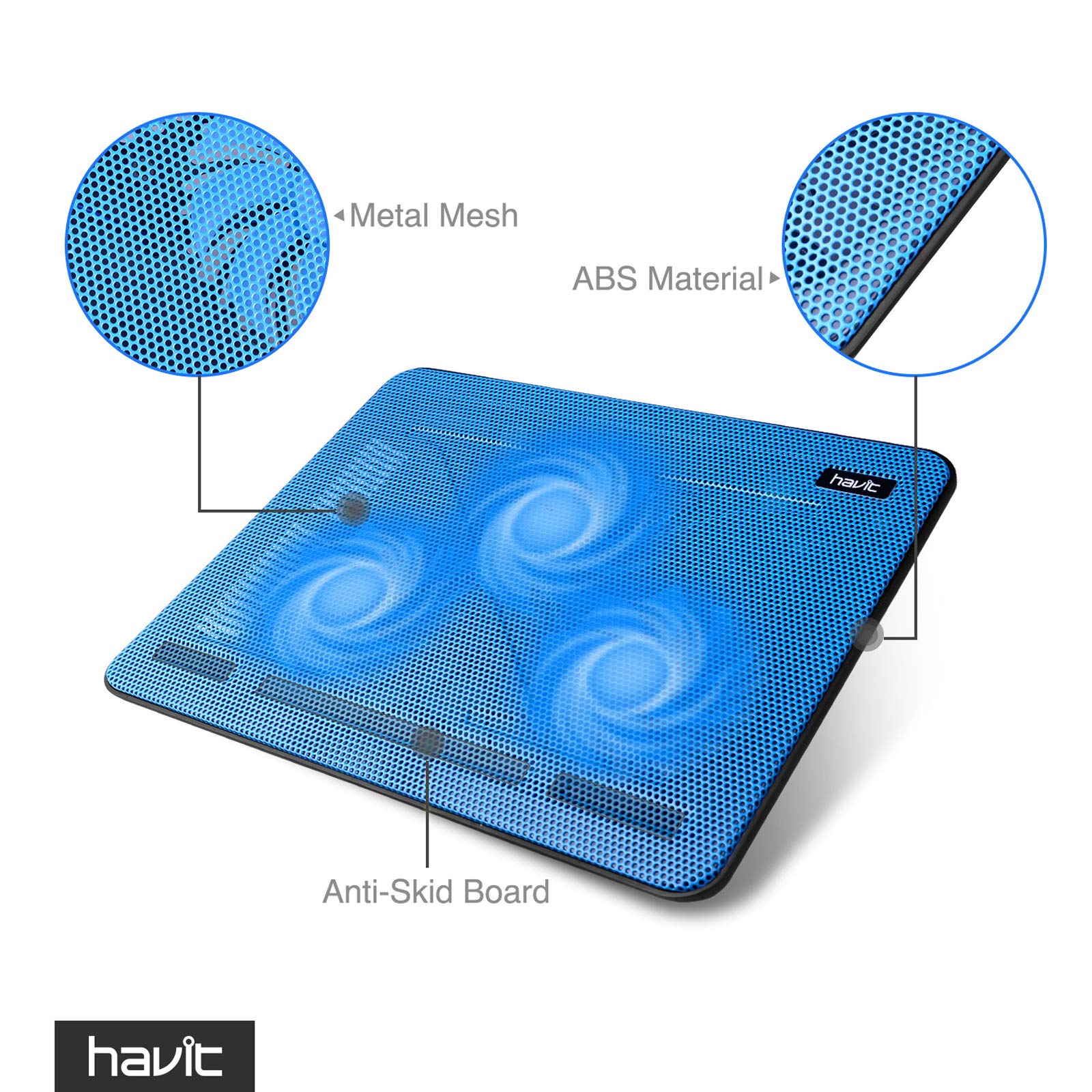 Havit HV-F2056 15.6-17 Inch Laptop Cooler Cooling Pad - Slim Portable USB Powered (3 Fans) (Blue)