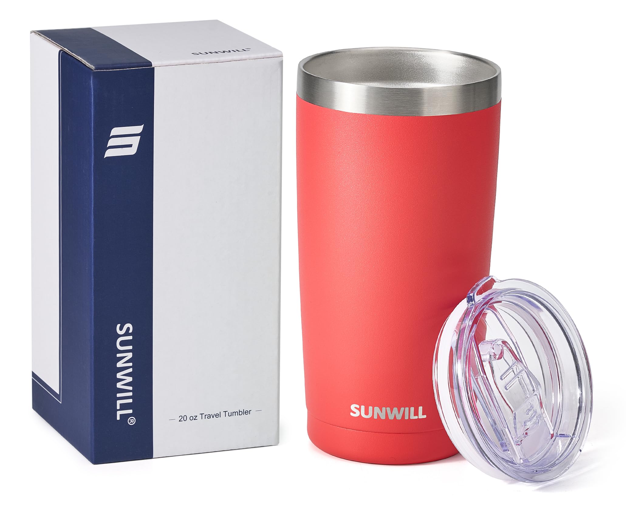 SUNWILL Travel Coffee Tumbler 20 oz, Insulated Mug with Lid, Stainless Steel Cup for Hot and Cold Drinks, Powder Coated Coral