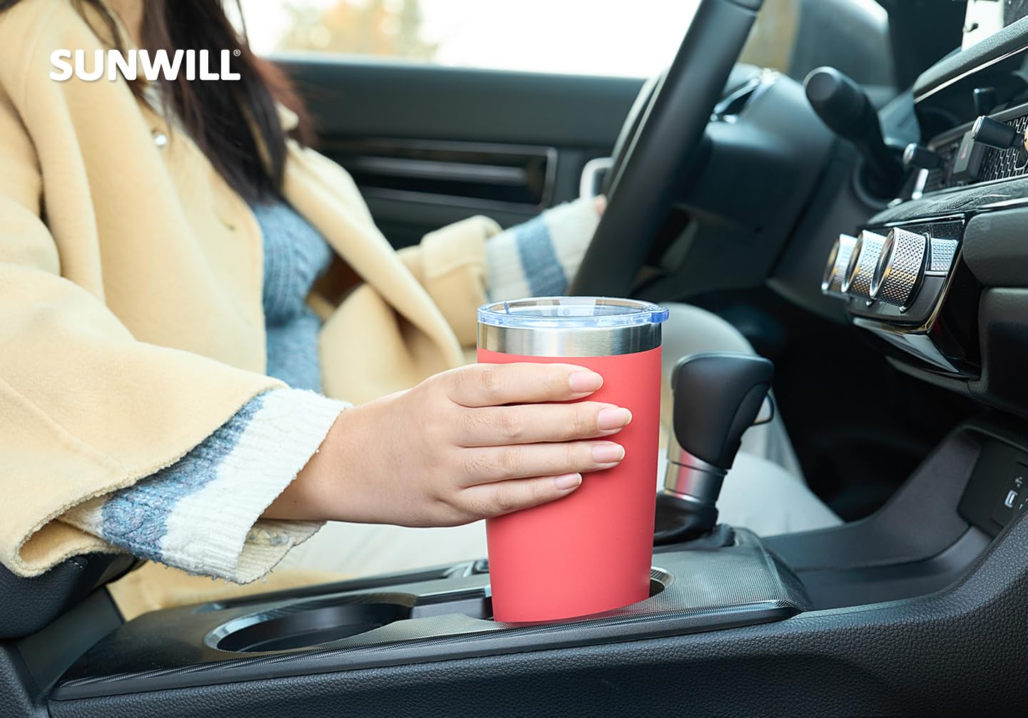 SUNWILL Travel Coffee Tumbler 20 oz, Insulated Mug with Lid, Stainless Steel Cup for Hot and Cold Drinks, Powder Coated Coral