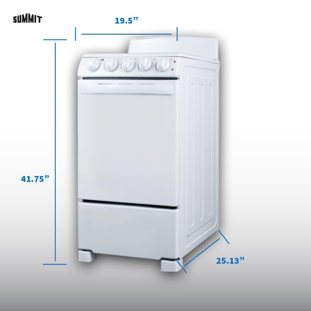 Summit 20" Electric Range, 220V 4 Burner Range, 2.3 cu.ft. oven, White- RE203W
