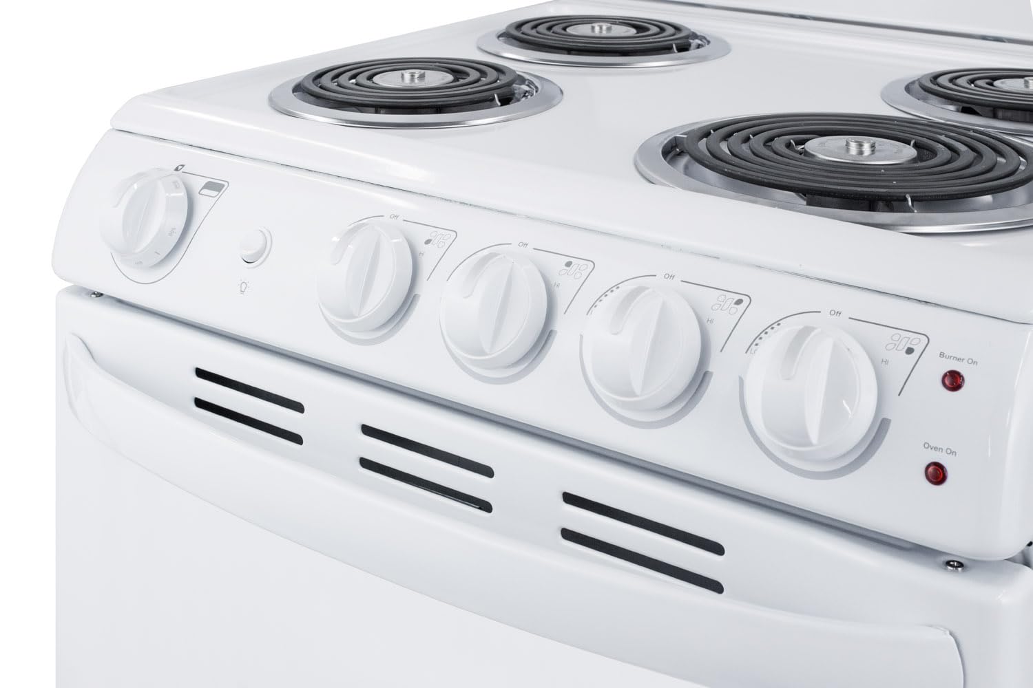 Summit 20" Electric Range, 220V 4 Burner Range, 2.3 cu.ft. oven, White- RE203W