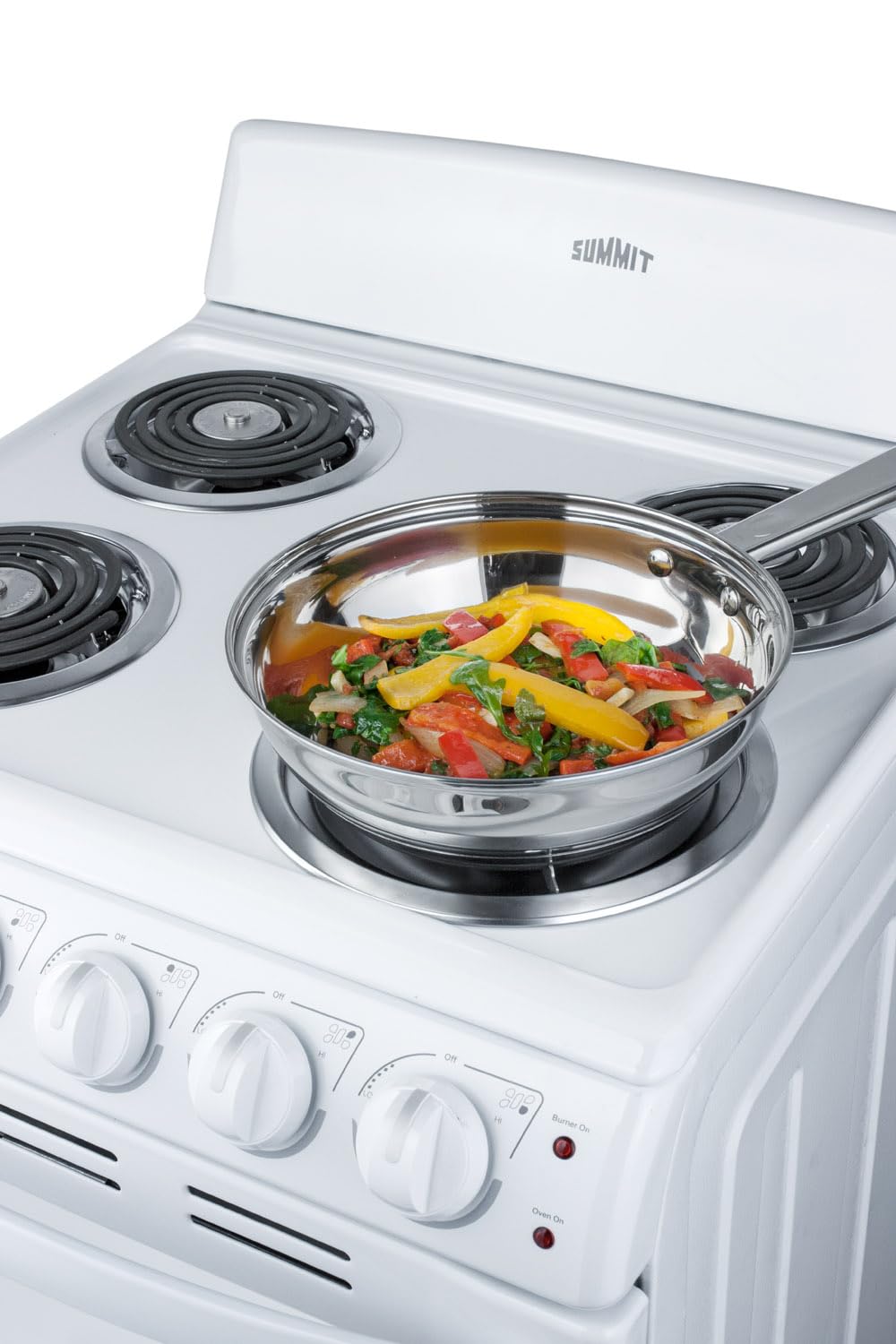 Summit 20" Electric Range, 220V 4 Burner Range, 2.3 cu.ft. oven, White- RE203W