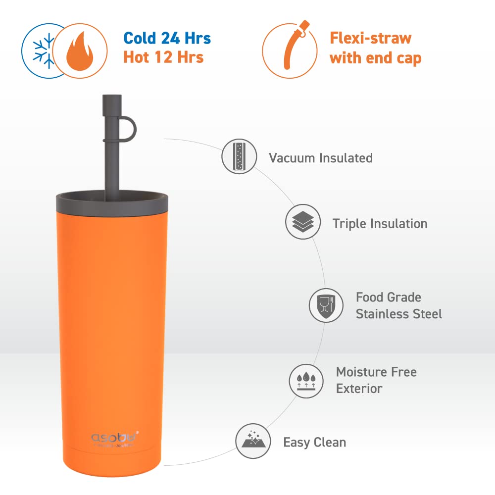 asobu Sippy Double Wall Stainless Steel Tumbler with Silicone Flexible Straw, 20 Ounces (Orange)