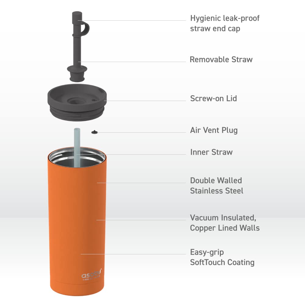 asobu Sippy Double Wall Stainless Steel Tumbler with Silicone Flexible Straw, 20 Ounces (Orange)