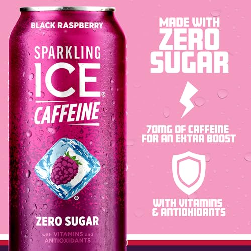 Sparkling Ice Caffeine Black Raspberry Sparkling Water with Caffeine, Zero Sugar, with Antioxidants and Vitamins,16 fl oz Cans (Pack Of 12)