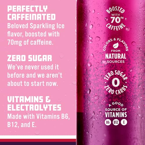 Sparkling Ice Caffeine Black Raspberry Sparkling Water with Caffeine, Zero Sugar, with Antioxidants and Vitamins,16 fl oz Cans (Pack Of 12)