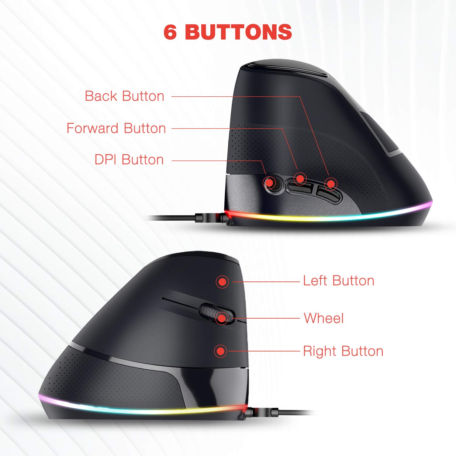 Havit Ergonomic Vertical Mouse RGB Backlit Wired Computer Mice 6 Adjustable DPI(800-1600-2400-3200-4800-6400) 6 Buttons for Laptop PC Desktop, Notebook
