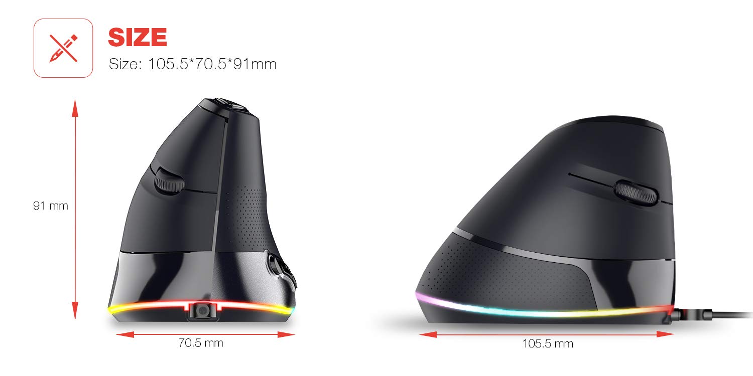 Havit Ergonomic Vertical Mouse RGB Backlit Wired Computer Mice 6 Adjustable DPI(800-1600-2400-3200-4800-6400) 6 Buttons for Laptop PC Desktop, Notebook