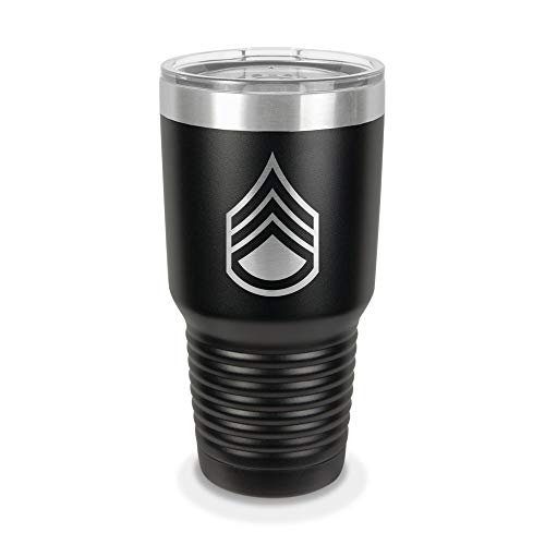 Custom E-6 Staff Sergeant Rank 30 oz Laser Engraved Polar Camel Stainless Steel Vacuum Insulated Tumbler w/Clear Lid SSG OR-6 E6 US Army - Customizable - Black