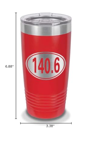 Custom Oval 140.6 20 oz Laser Engraved Polar Camel Stainless Steel Vacuum Insulated Tumbler w/Clear Lid ironman triathlon - Customizable - Red