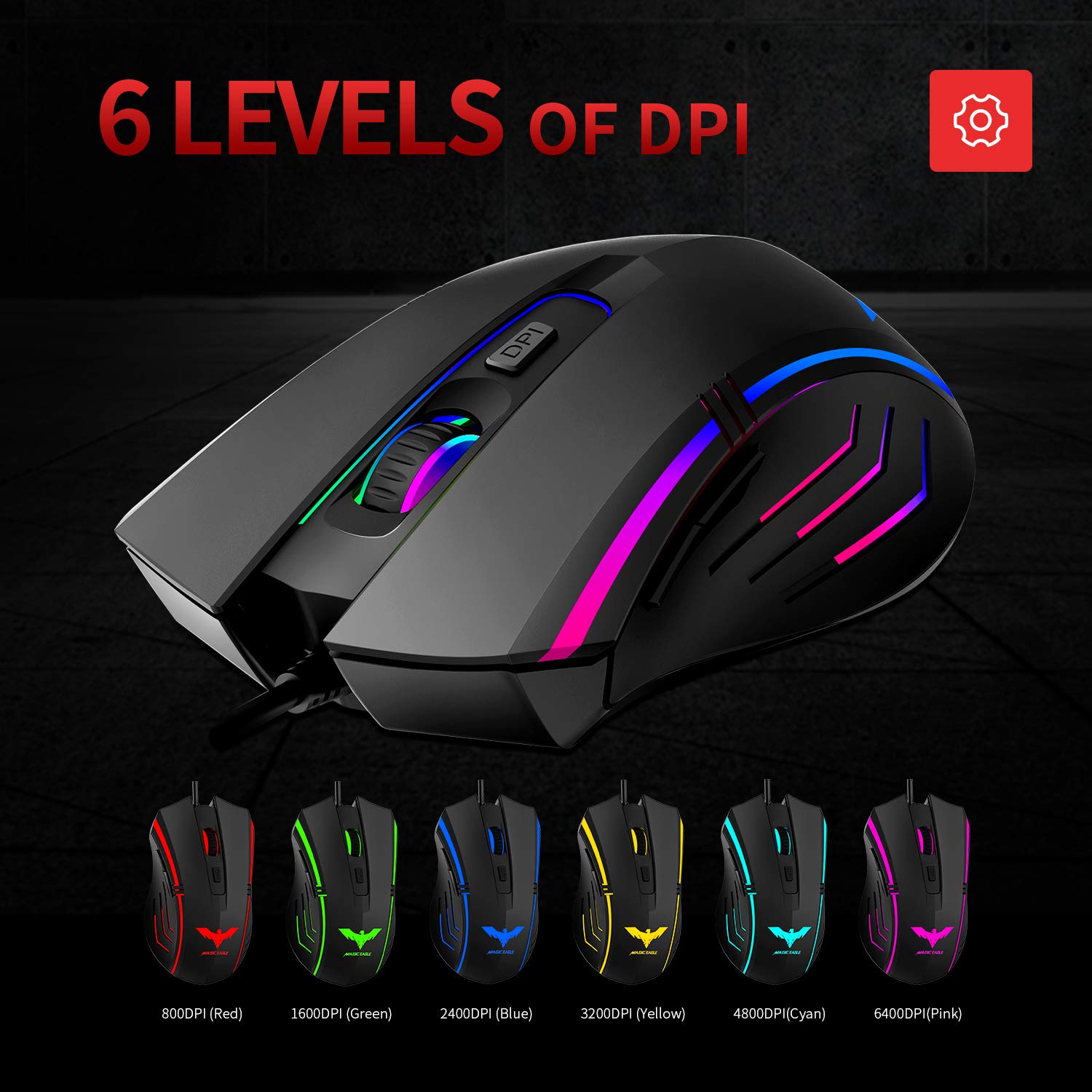Havit Gaming Mouse RGB Wired,6 Adjustable DPI(800-1600-2400-3200-4800-6400) USB Ergonomic Computer Mice with 6 Buttons for Laptop PC Gaming (RGB)