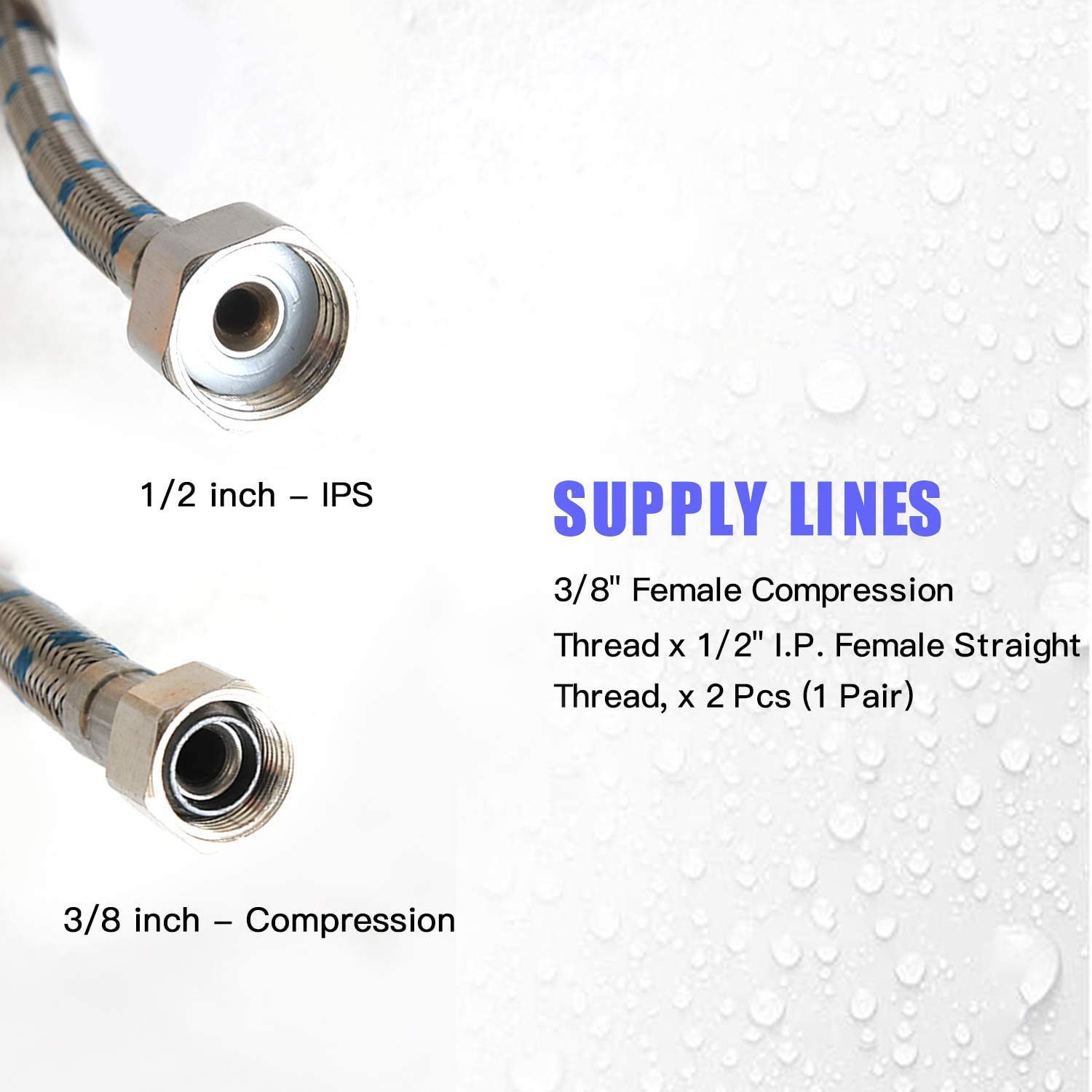 BATHLAVISH 32-Inch Length Bathroom Kitchen Faucet Connector, Braided Stainless Steel - 3/8" Female Compression Thread x 1/2" I.P. Female Straight Thread, x 2 Pcs (1 Pair)