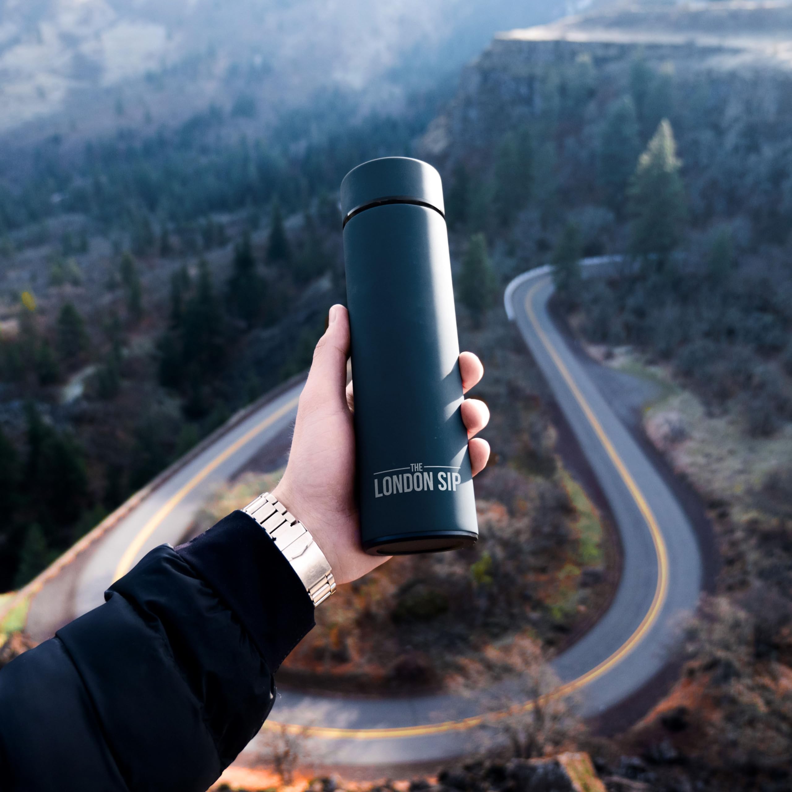 London Sip Multi-Purpose Travel Mug and Tumbler Fruit Infused Flask Hot and Cold Double Wall Stainless Steel Thermos with Extra-Long Infuser, Midnight Teal