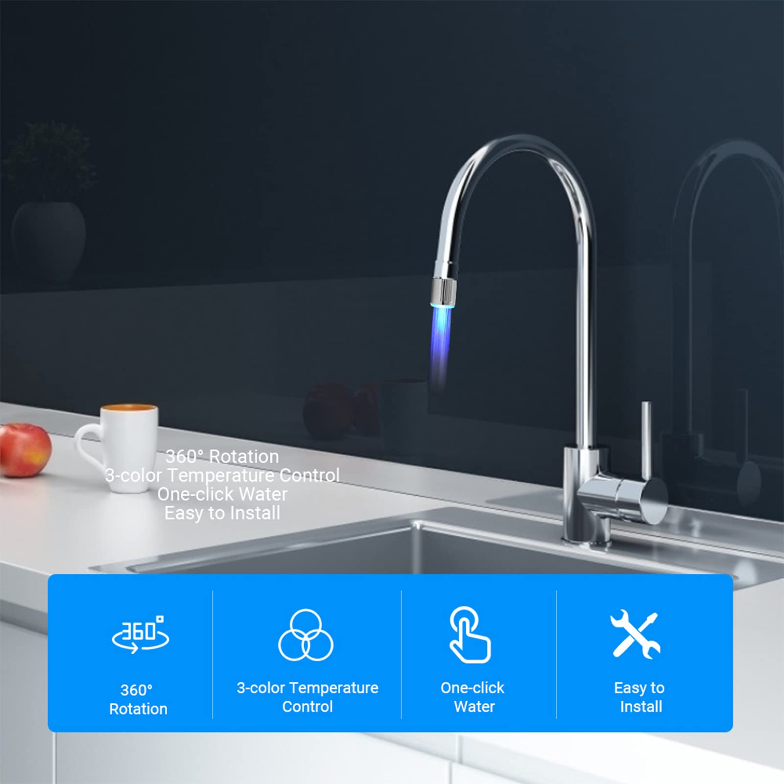Temperature Sensitive 3 Color Gradient LED Water Faucet Colors Changing LED Water Stream Faucet Tap Cold and Hot Water Mixer Sink Tap for Kitchen and Bathroom