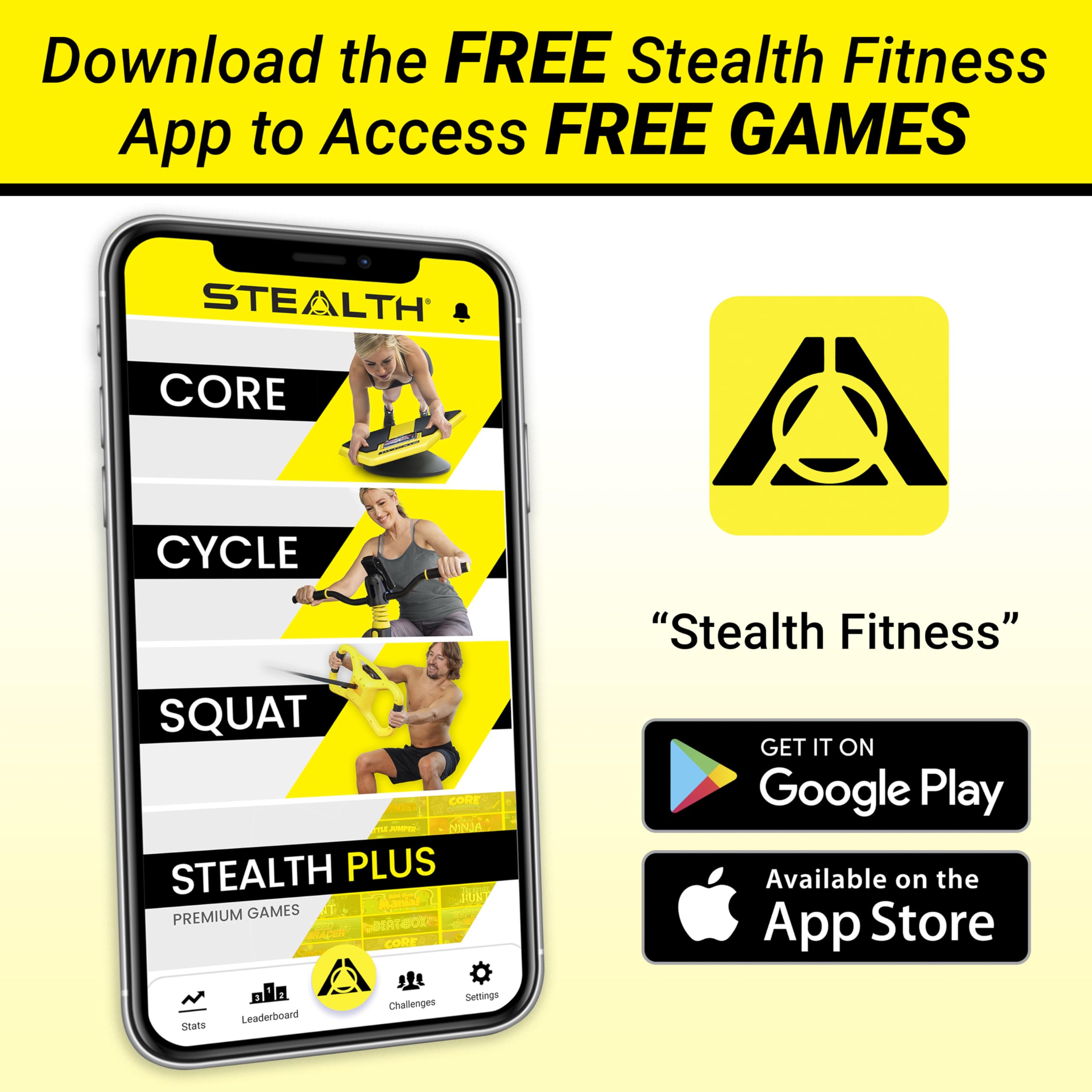 Stealth Abs + Plank Core Trainer - Get Strong Sexy Abs and Lean Core Playing Games On Your Phone, Free iOS/Android App, 4 Free Mobile Games Included, Dynamic Training, Only 3 Minutes a Day (Yellow)