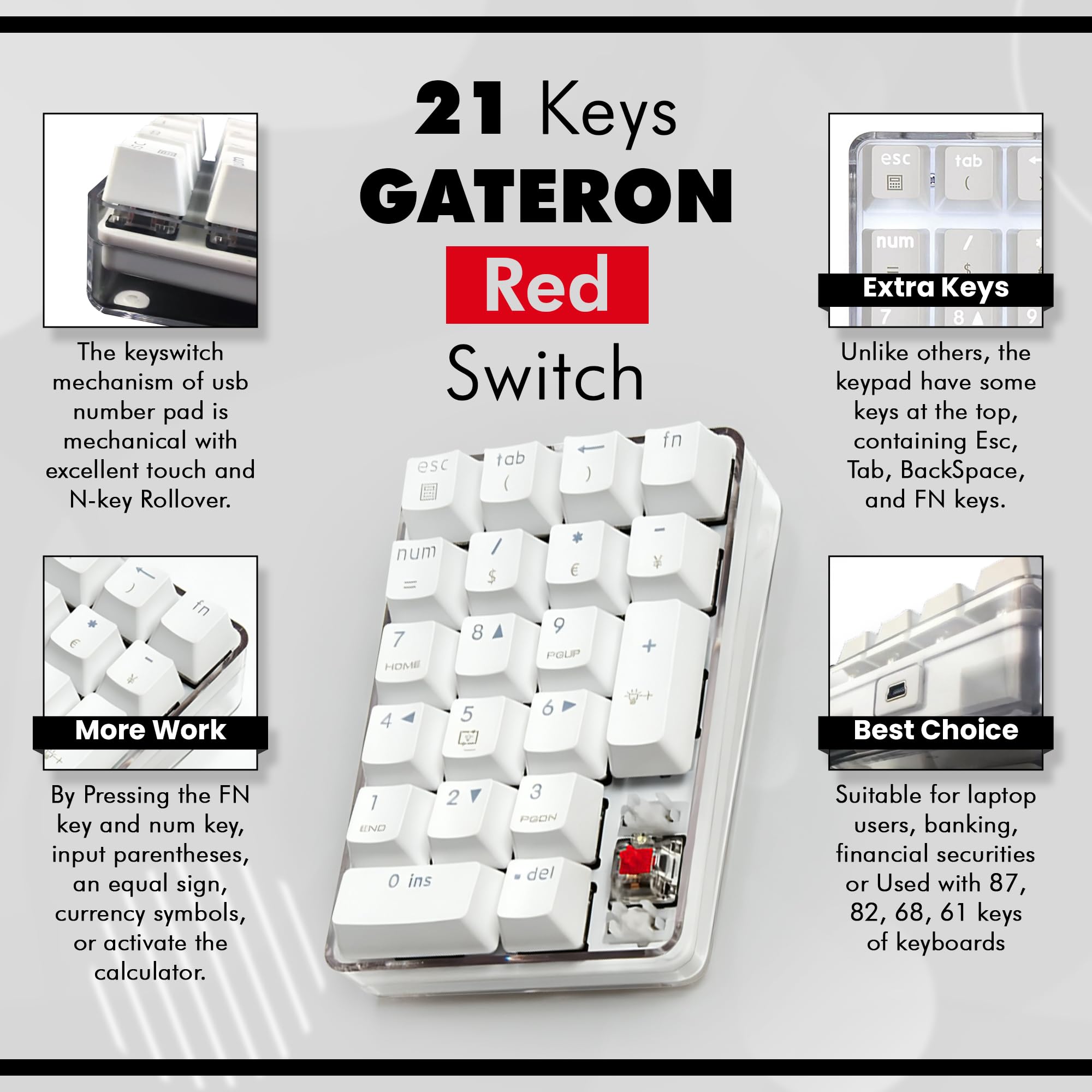 Qisan Mechanical Numeric Keypad GATERON Red Switch Wired Crystal Case White Backlit Gaming Keypad 21 Keys Mini Numpad Portable Mechanical Numpad Extended | Laptop Accessories | keypad for Computer