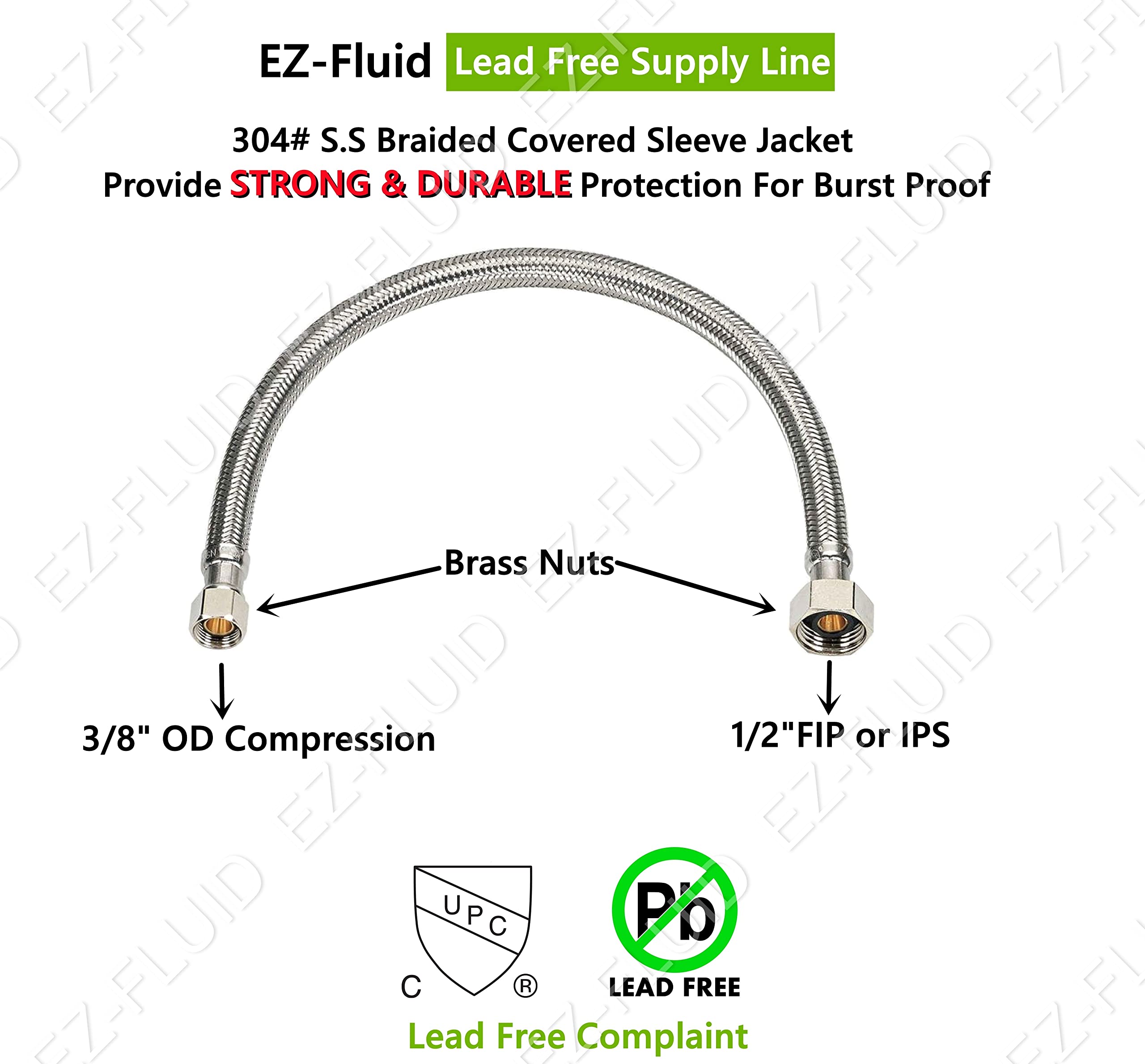 EZ-Fluid (10) 20" Water Supply Line,1/2" Fip x 3/8" Comp LF,Brass Nuts,Universal Stainless Steel Braided Faucet Water Supply Line Connector,Water Supply Hose Connector Lines For Kitchen,Bathroom
